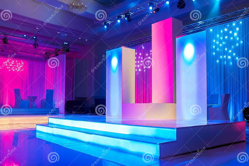 A Brightly Lit Stage with Colorful Backdrops and a Threestep Platform ...