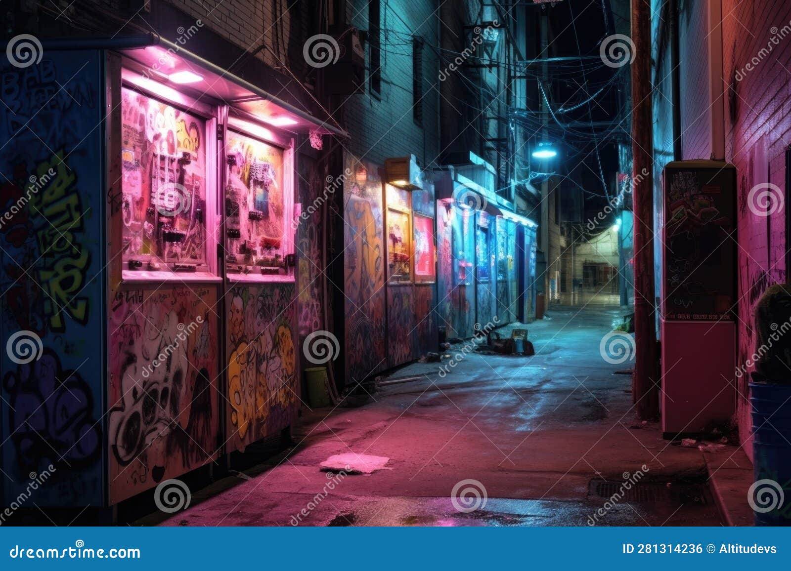 Brightly Lit Vending Machines in a Dark Alley Stock Illustration ...