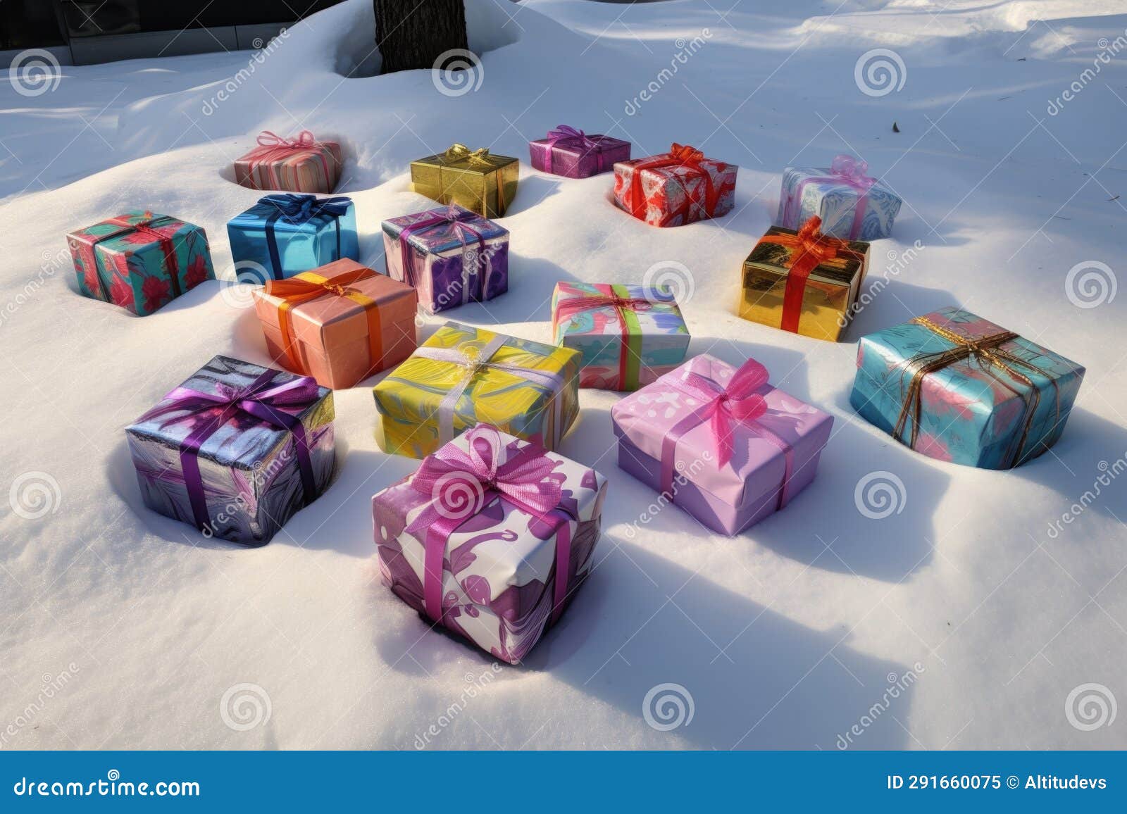 Brightly Wrapped Boxes Laid Out on a Snowy Outdoors Surface Stock Image ...