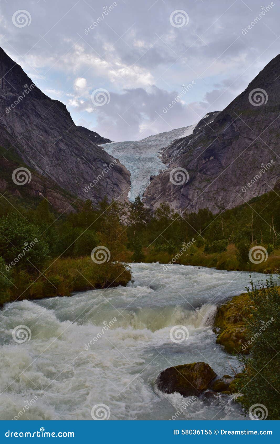 Briksdal Glacier and River Flowing, Norway. Stock Photo - Image of hill ...