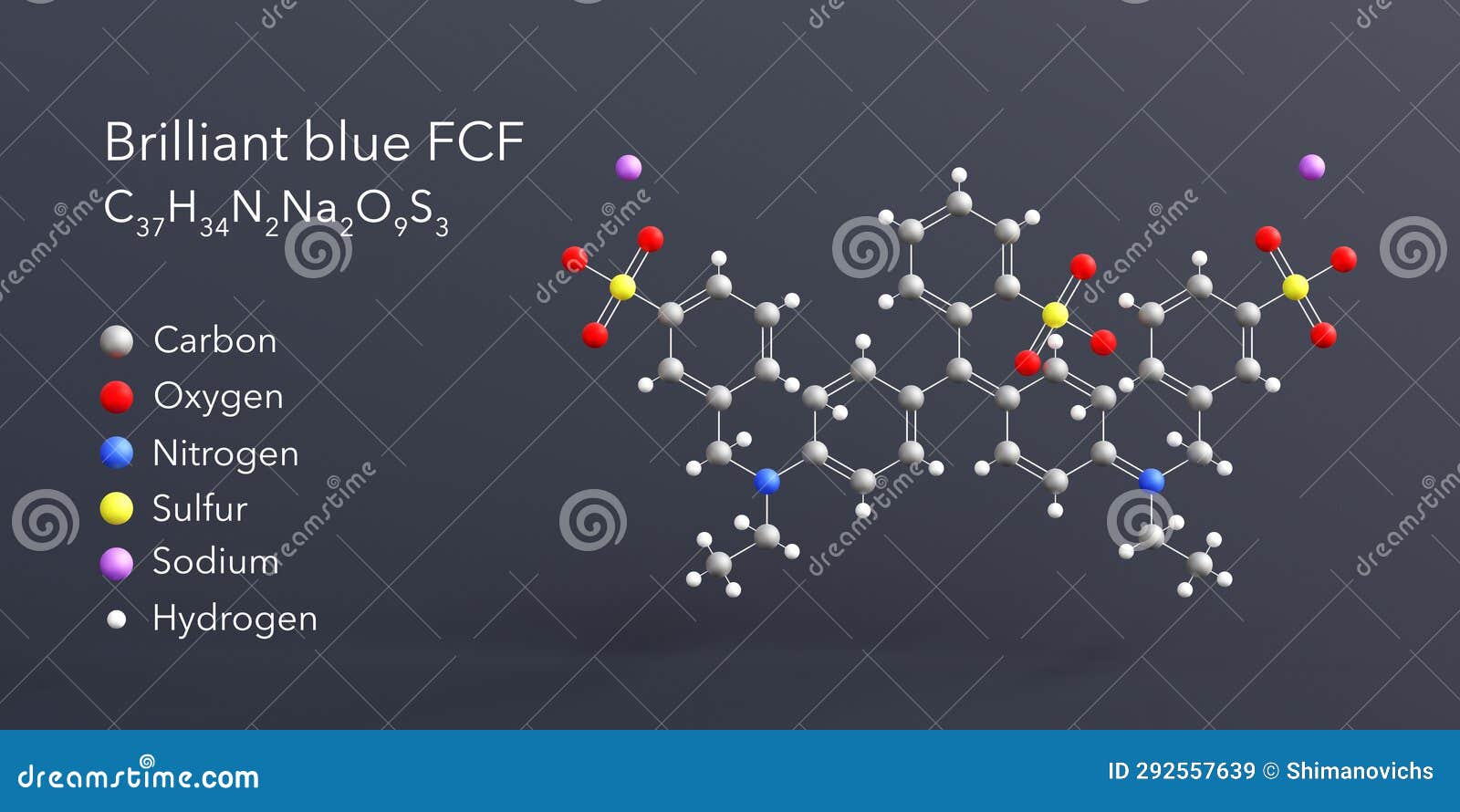 Brilliant Blue Fcf Molecule 3d Rendering Flat Molecular Structure With