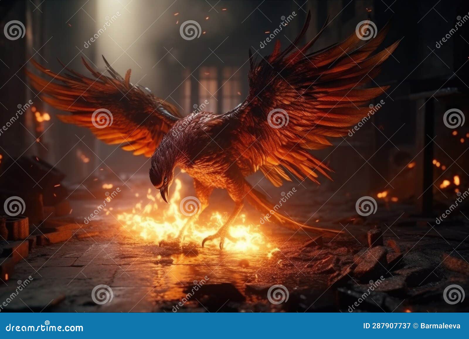 A Brilliant Fire Phoenix Facing Forward Flying Though a Brutalist ...