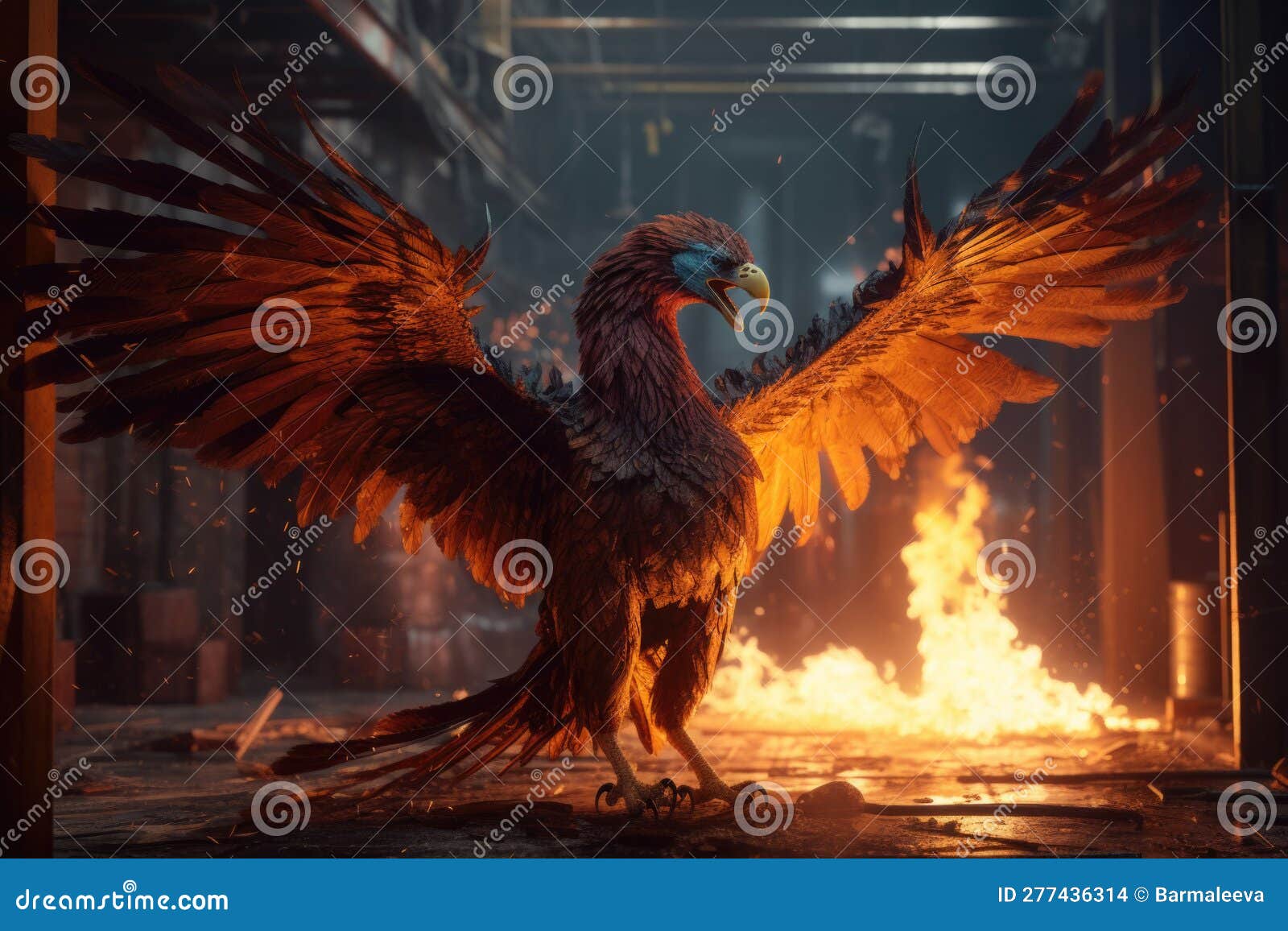 A Brilliant Fire Phoenix Facing Forward Flying Though a Brutalist ...
