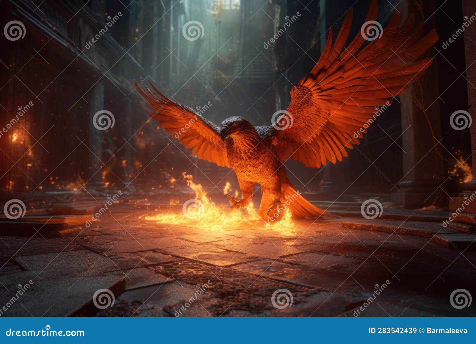 A Brilliant Fire Phoenix Facing Forward Flying Though a Brutalist ...