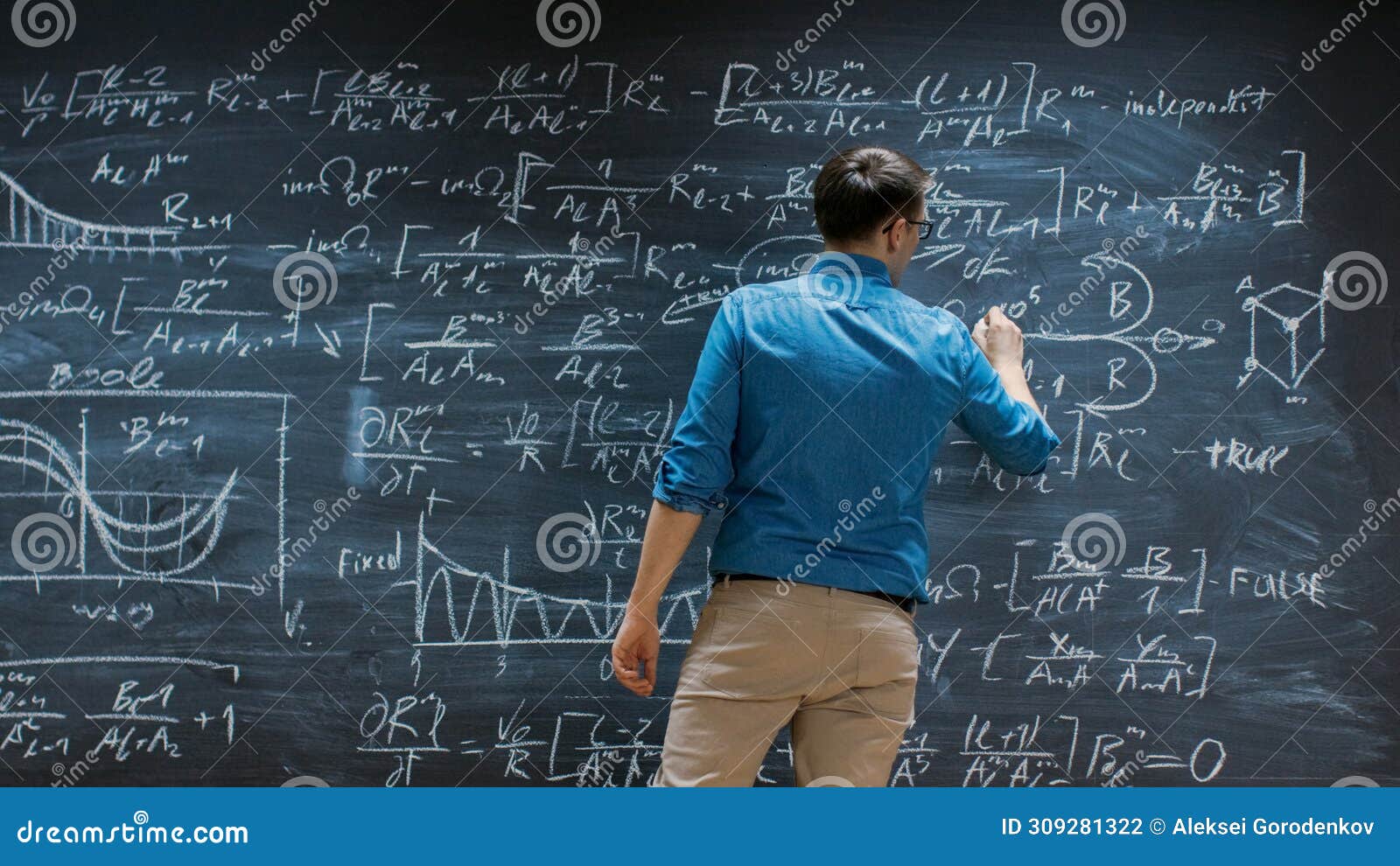 Brilliant Young Mathematician is Writing on Big Blackboard and Thinking ...
