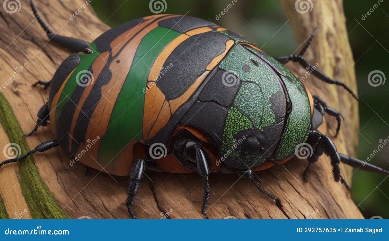 A Brilliantly Coloured Beetle Exploring the Textured Surface of a Tree ...