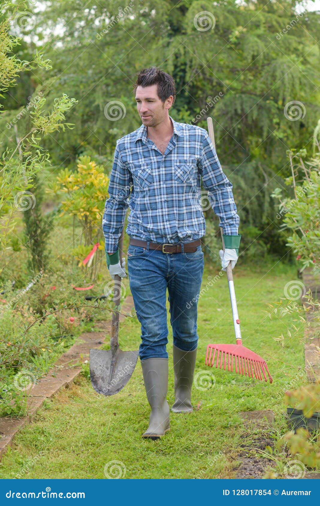 Bringing spade and rake stock photo. Image of farmer - 128017854