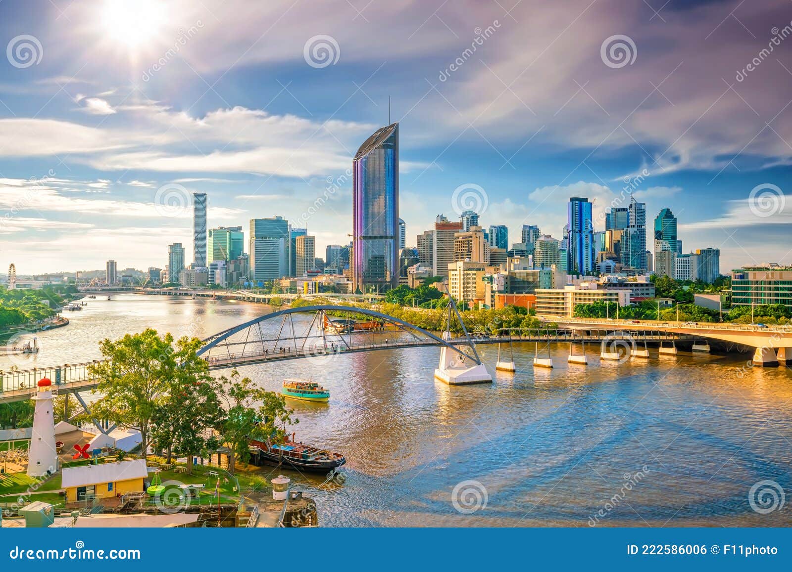 Brisbane City Skyline and Brisbane River at Sunset Stock Photo - Image ...