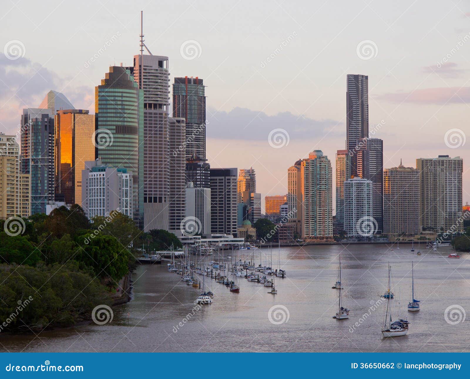 Brisbane City Skyline at Sunset Stock Photo - Image of cityscape ...