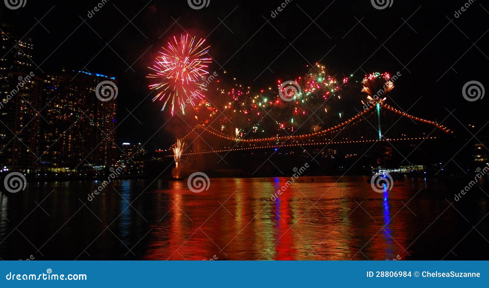 Brisbane Fireworks on Bridge Over River Stock Photo - Image of city ...
