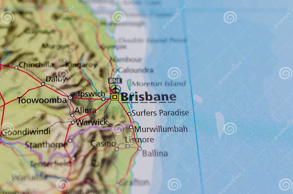 Brisbane on map stock photo. Image of brisbane, journey - 114065384