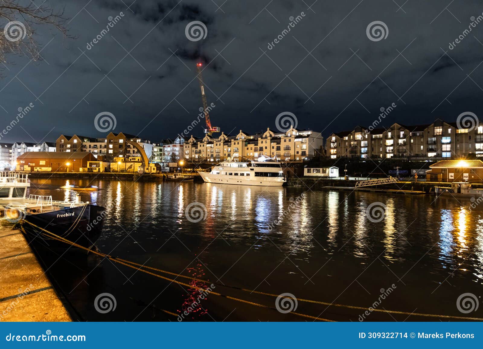 Bristol Waterfront at Night Harbourside Yacht and Helicopter Stock ...