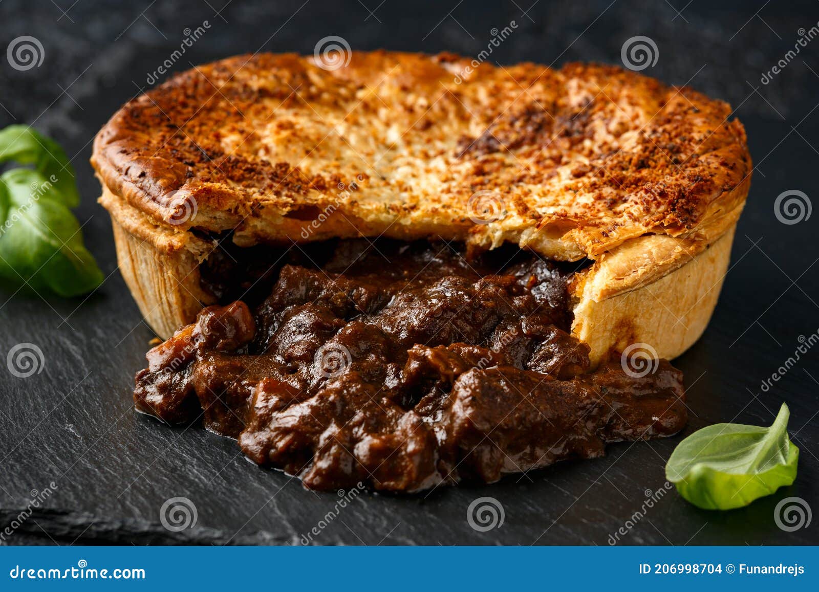 British Beef Steak Pie with Onion, Wine Gravy on Rustic Stone Board ...