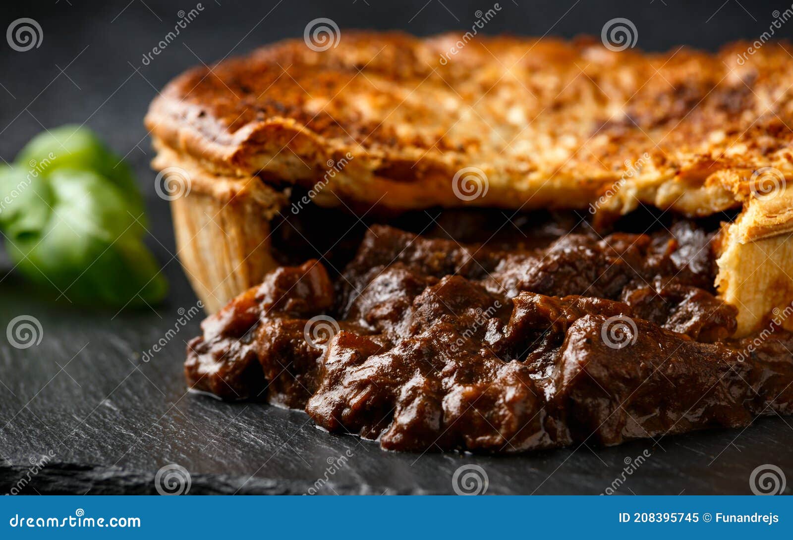 British Beef Steak Pie with Onion, Wine Gravy on Rustic Stone Board ...