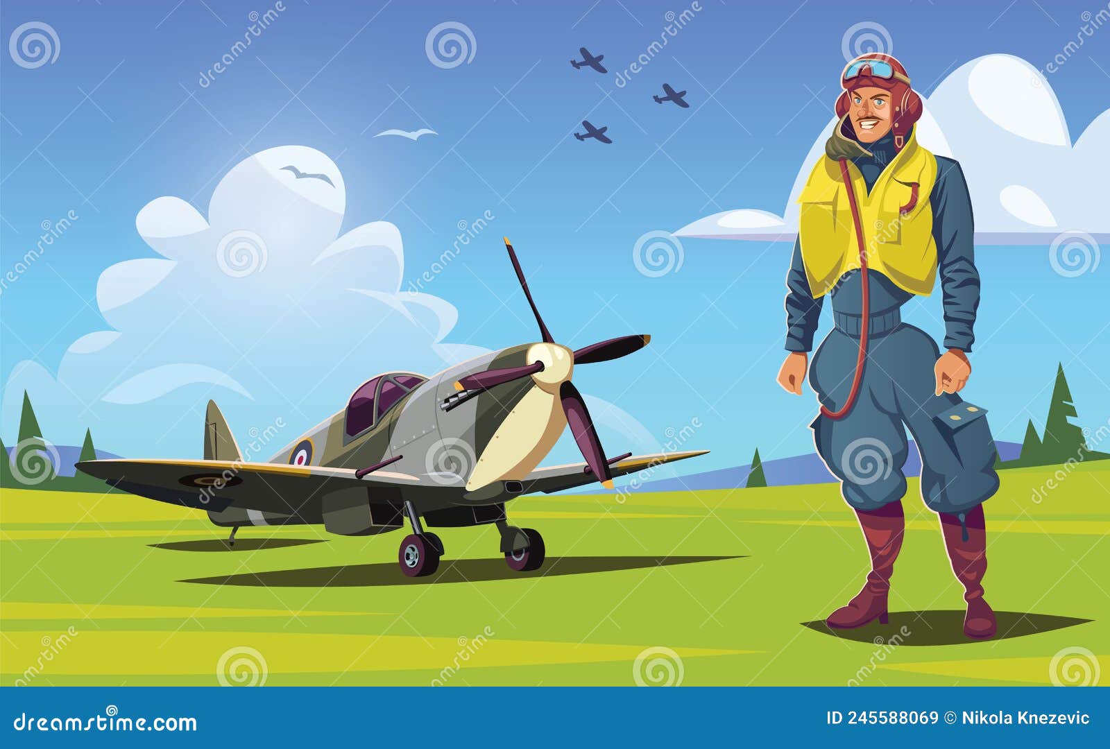 British Pilot and Spitfire Fighter Plane on Field World War II Stock ...