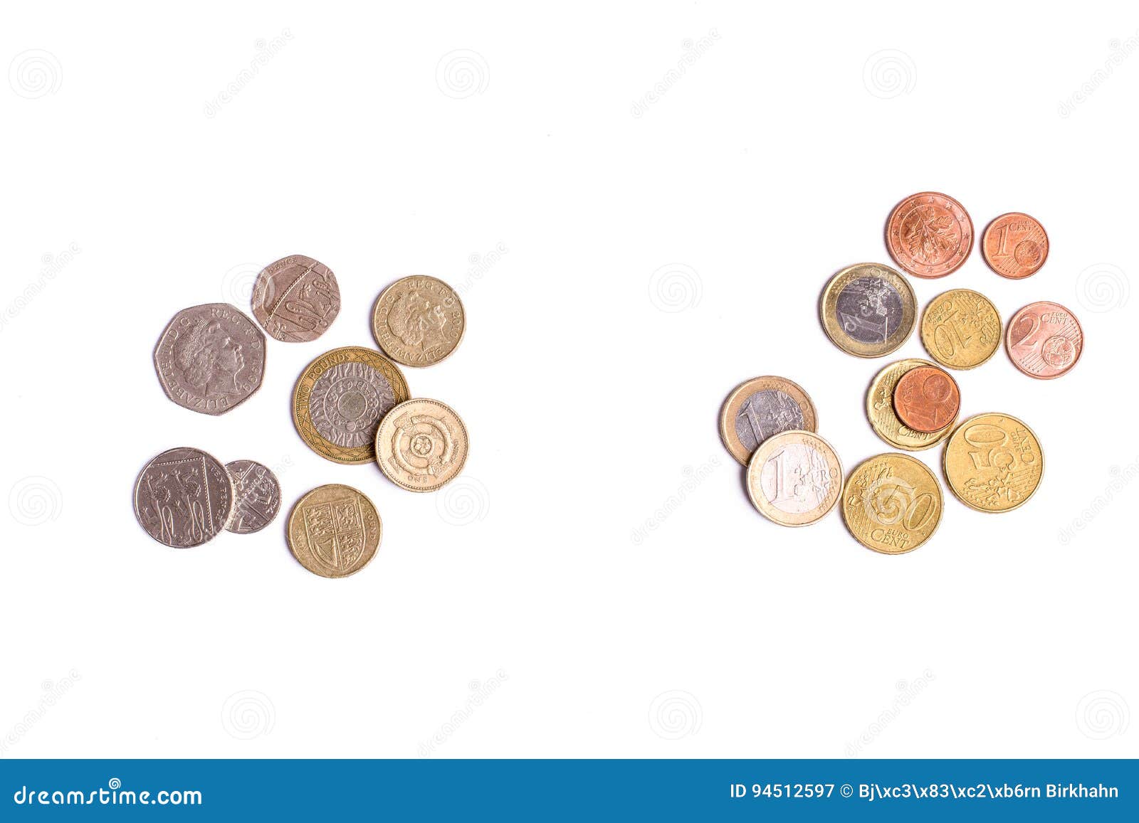 British Pound Coins and Euro Coins on White Background Editorial ...