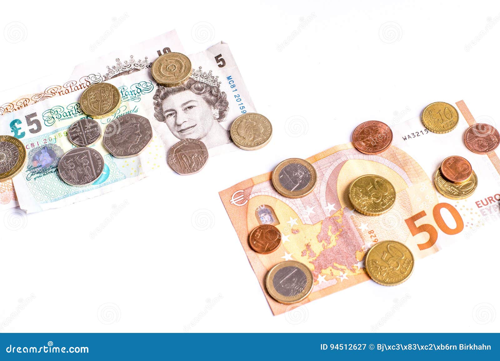 British Pound Notes and Coins and Euro Notes and Coins on White ...