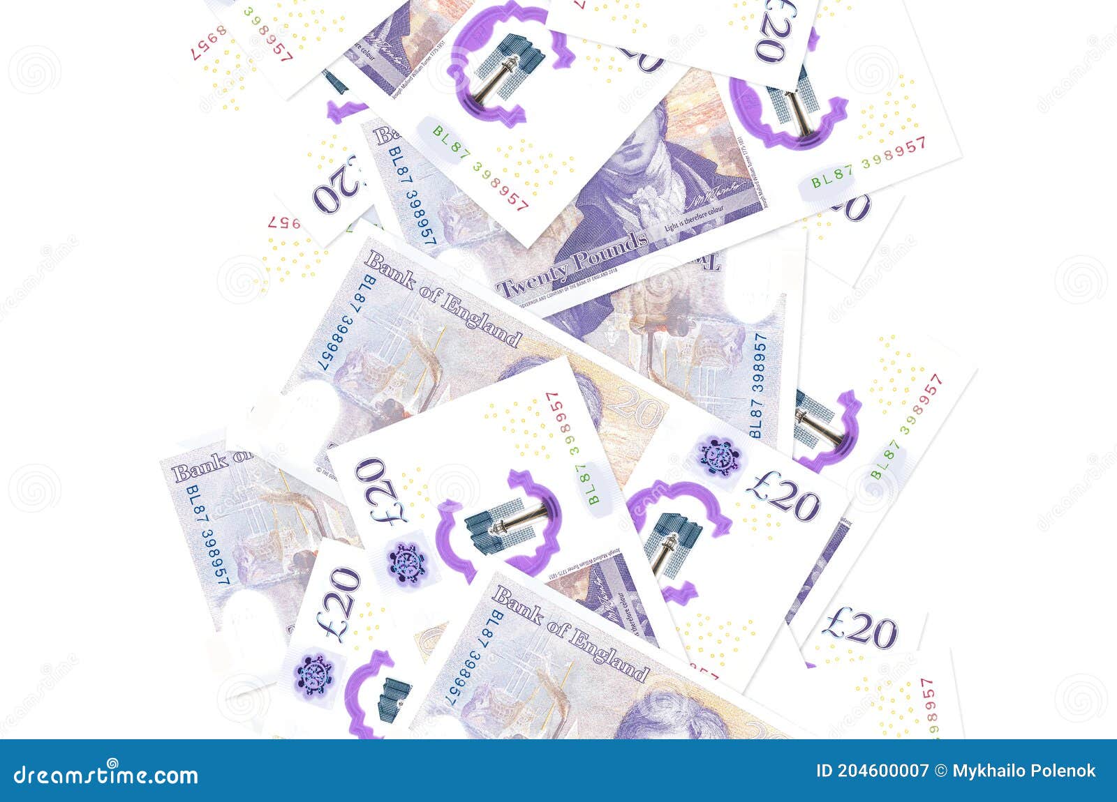 20 British Pounds Bills Flying Down Isolated on White. Many Banknotes ...