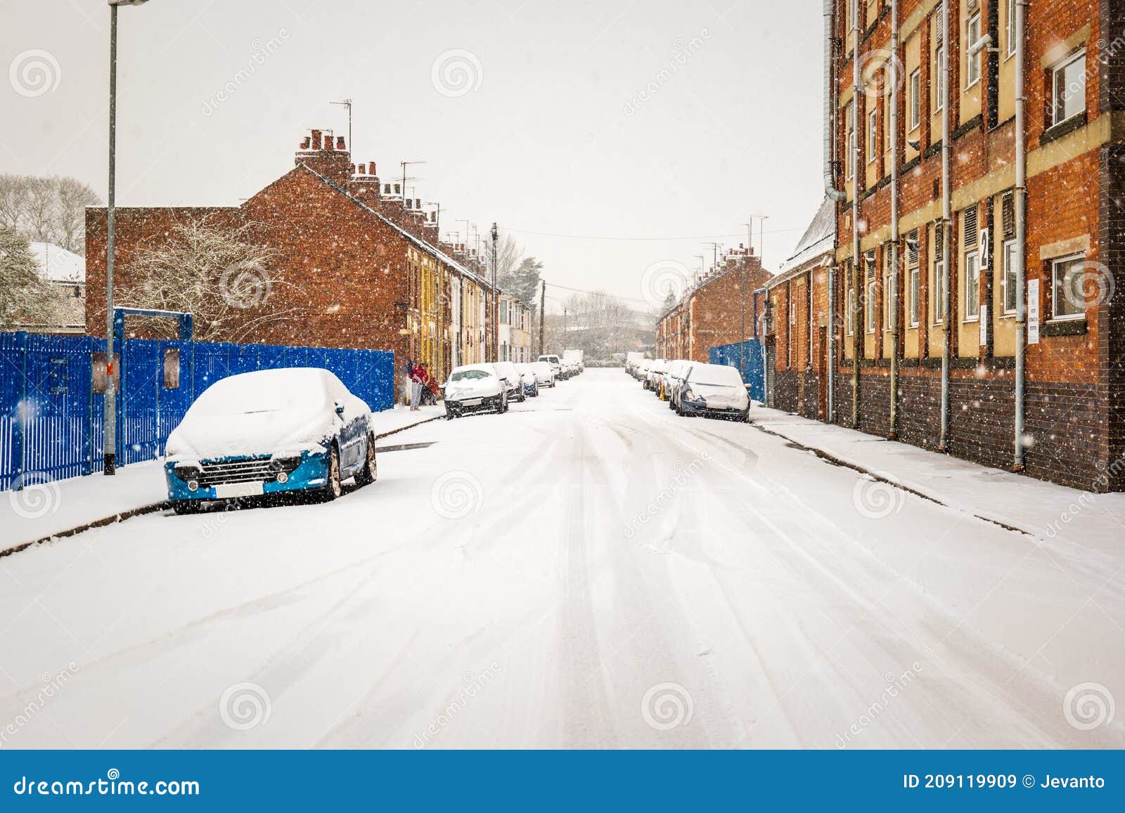 British Street Under Winter Snow Fall in England Uk Stock Image - Image ...