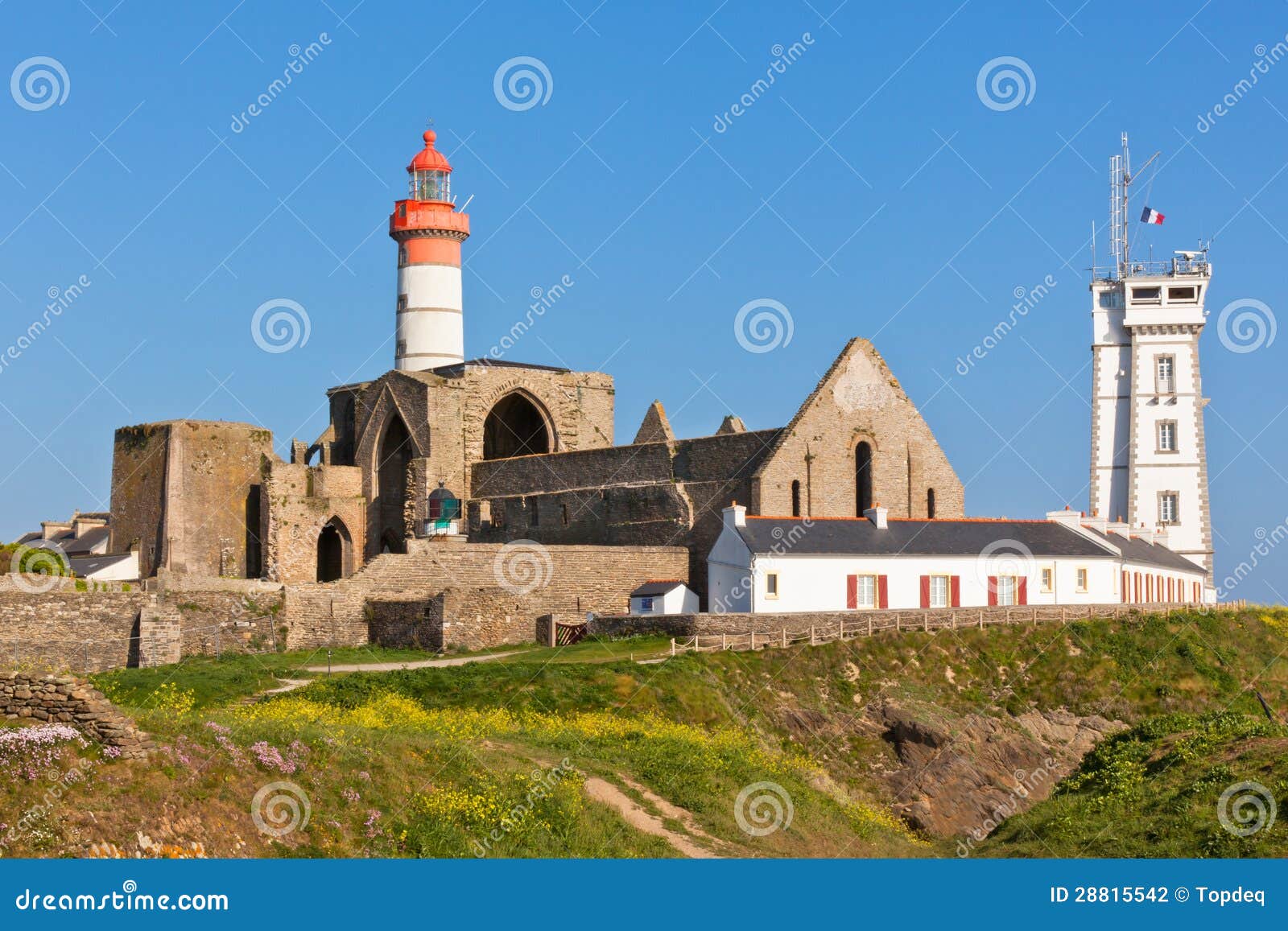 Brittany: Saint Mathieu Lighthouse and Old Abbey Ruins Stock Photo ...