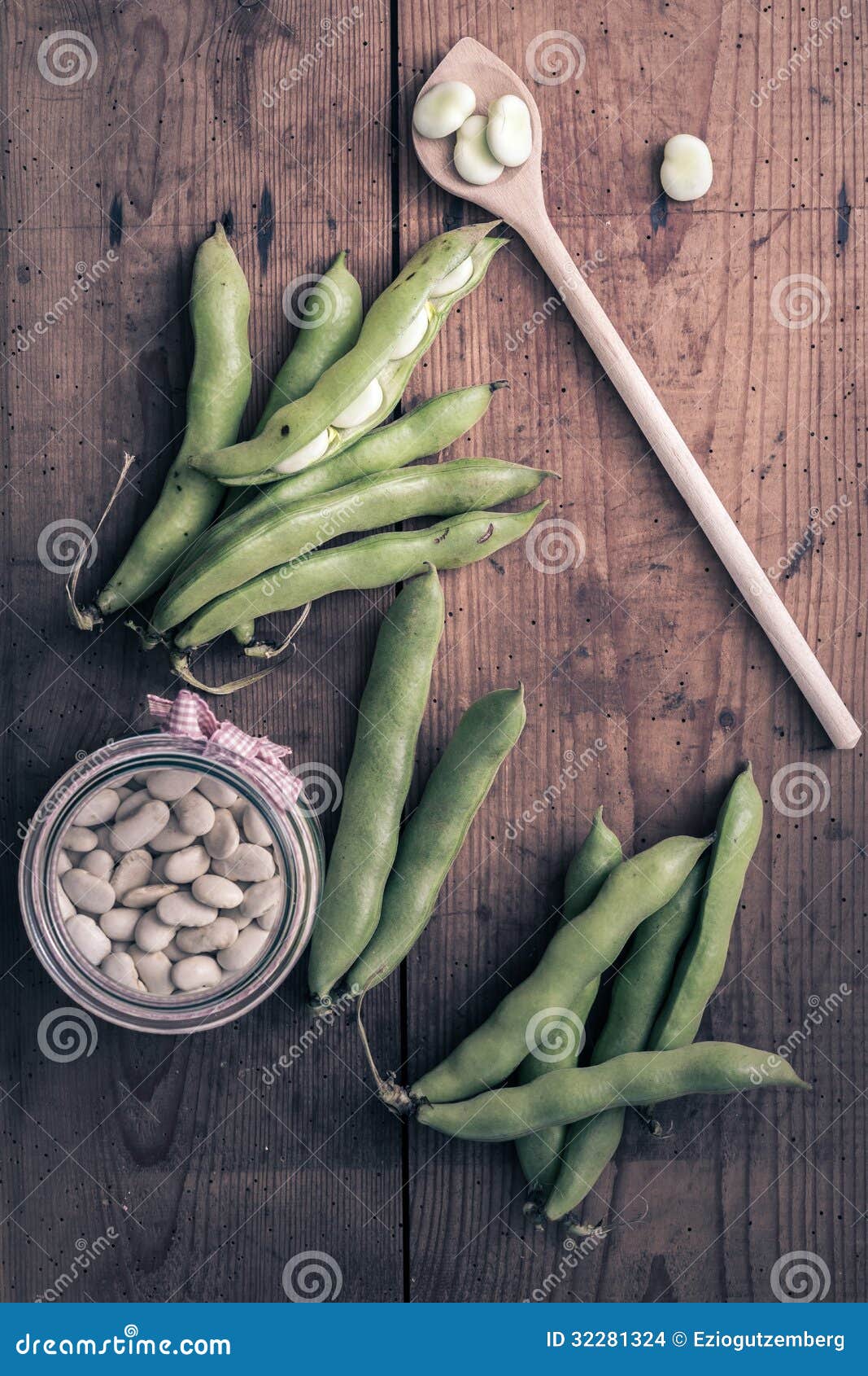 Broad Beans on a Wooden Table with Jar, Full of Dry Beans Stock Photo ...