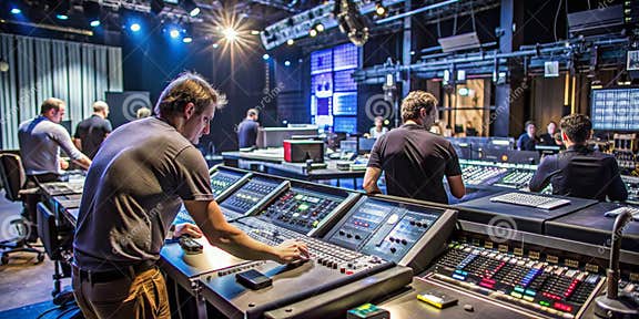 Broadcast Engineer Working on Audio Mixer Console in Television Studio ...