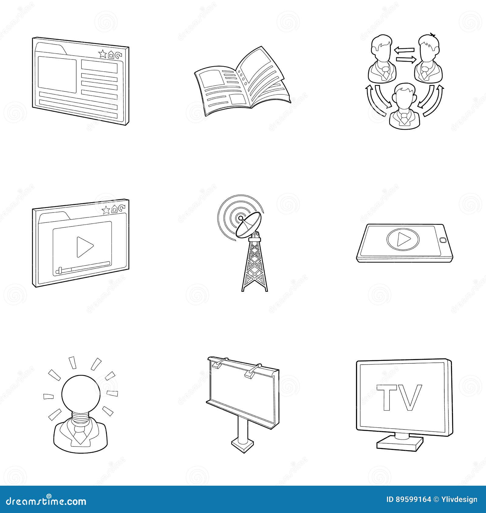 Broadcast Icons Set, Outline Style Stock Vector - Illustration of ...