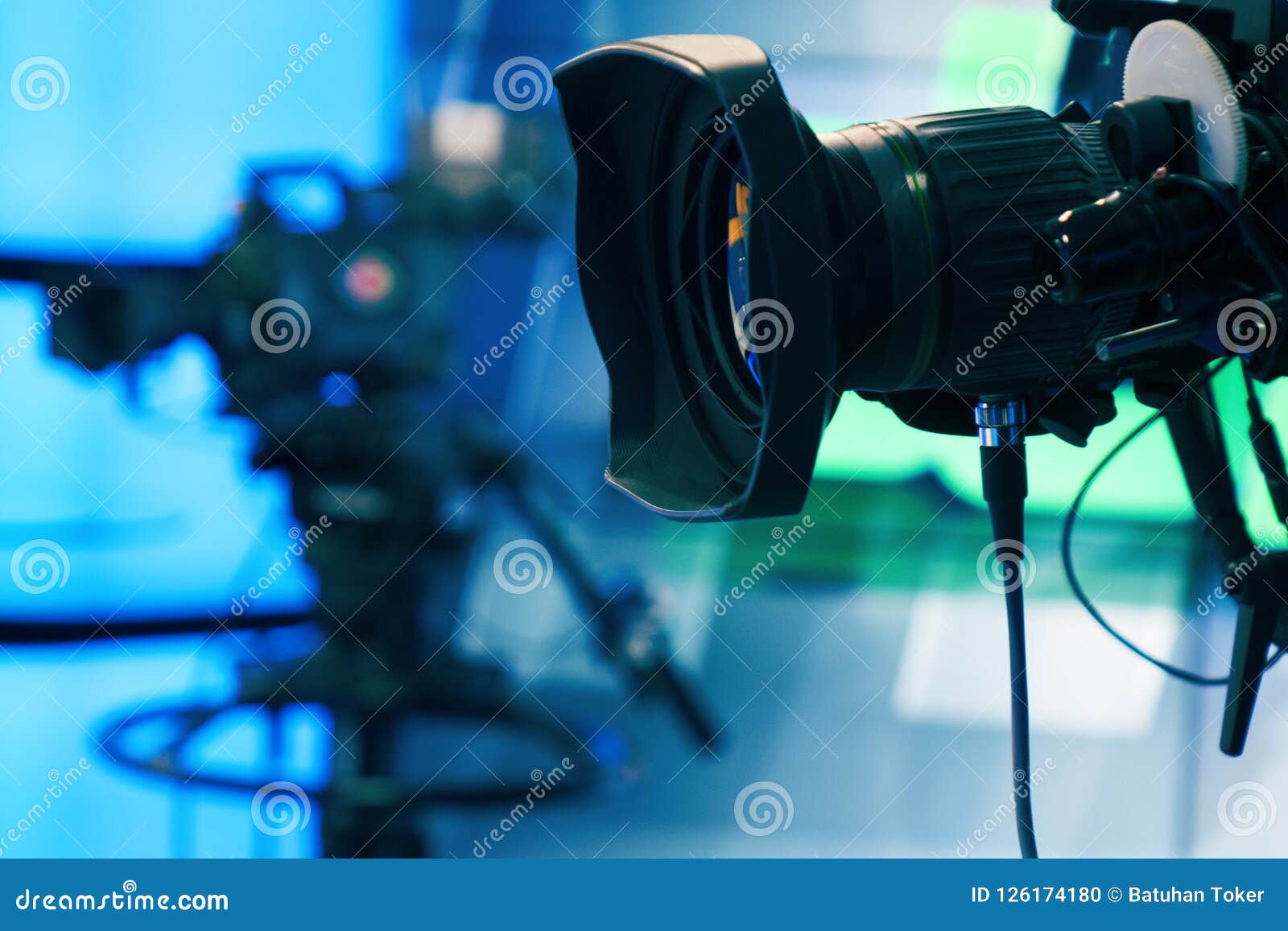 Broadcast Television Studio Camera and Crane Camera in News Studio Room ...