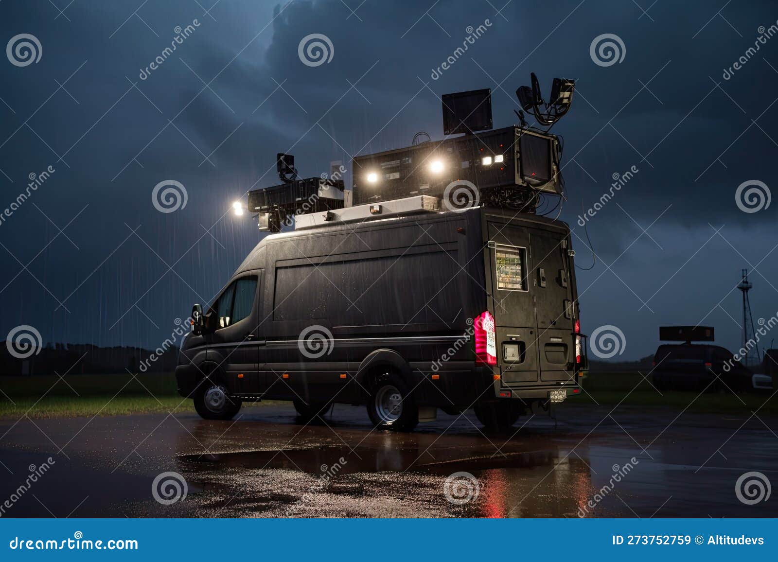 Broadcast Van during Storm, with Dramatic Lightning Flashes and ...