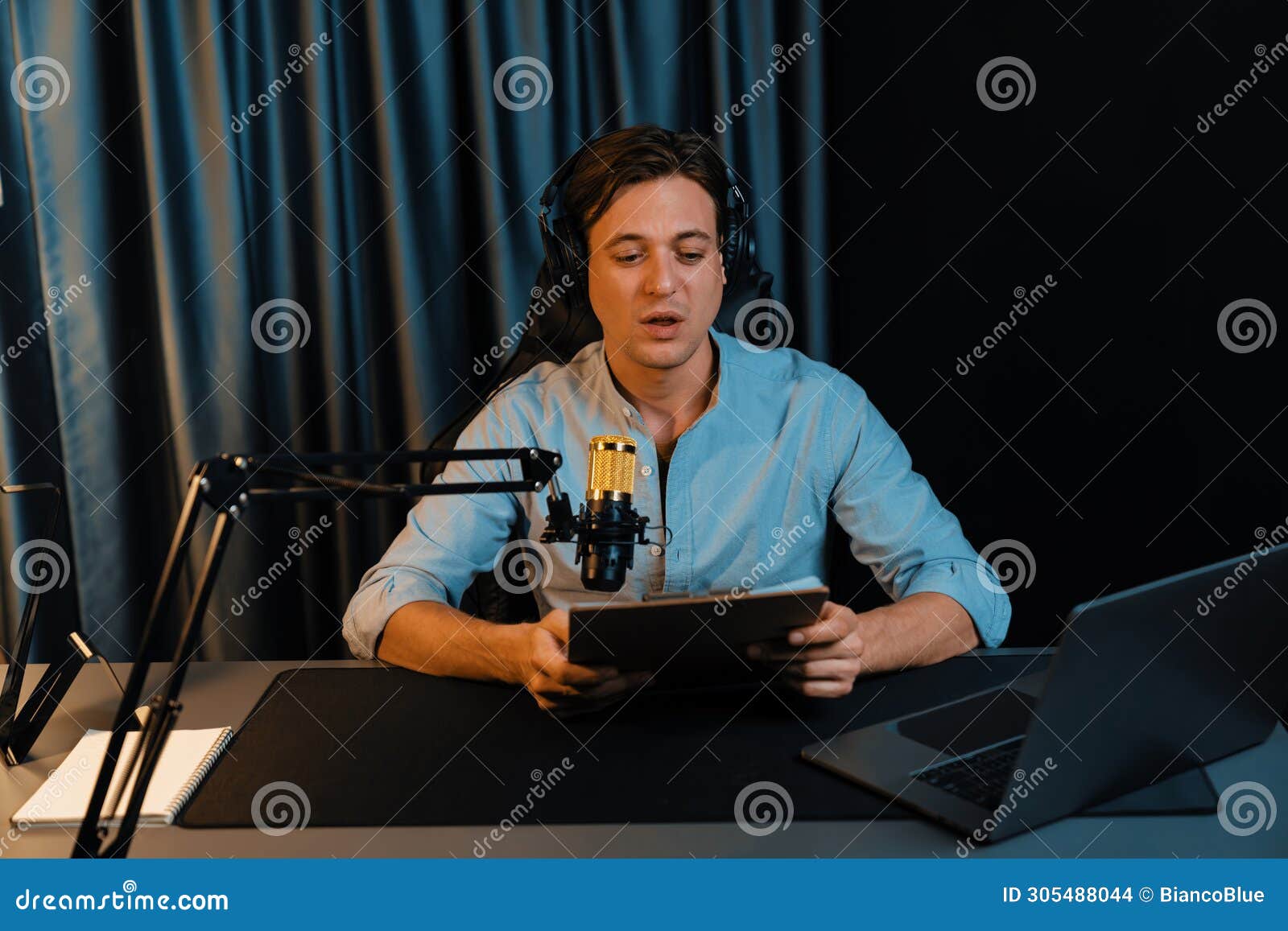 Broadcaster Reading Script Note To Listener in Warm Light at Night ...
