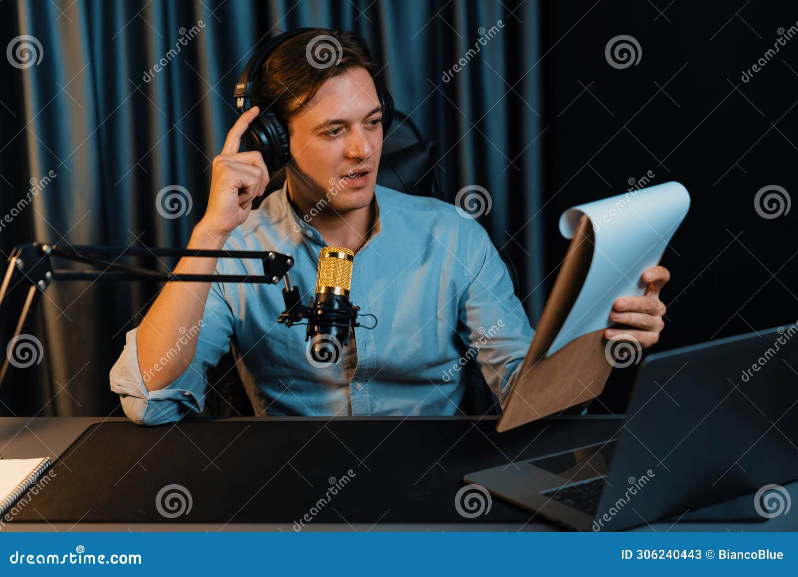 Broadcaster Reading Script Note To Listener in Warm Light at Night ...