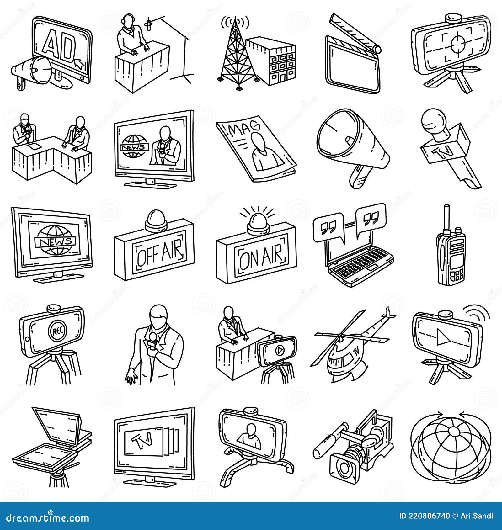 Broadcasting Set Icon Vector. Doodle Hand Drawn or Outline Icon Style ...
