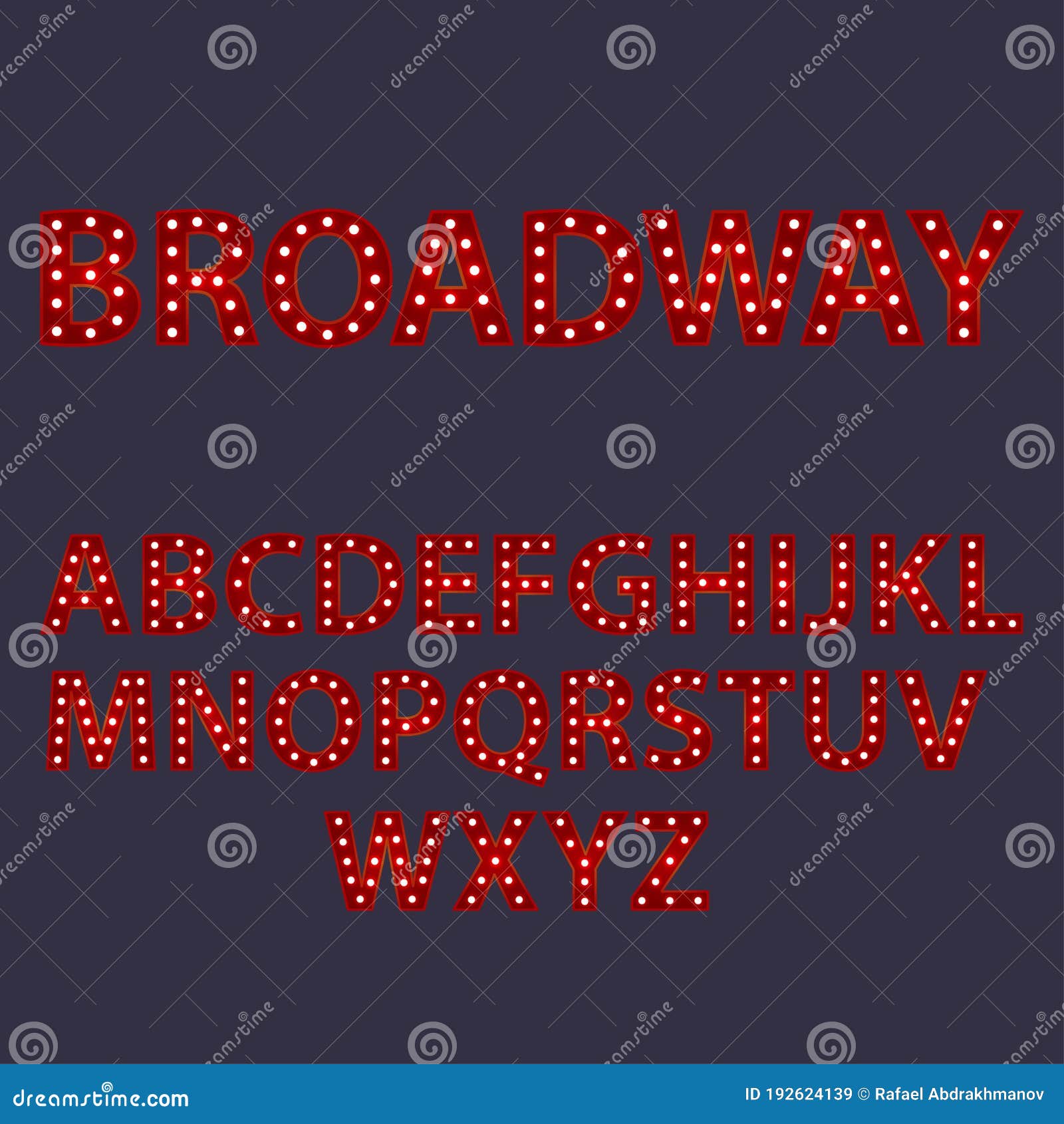 Broadway. Red Letters with Luminous Glowing Lightbulbs. Vector ...