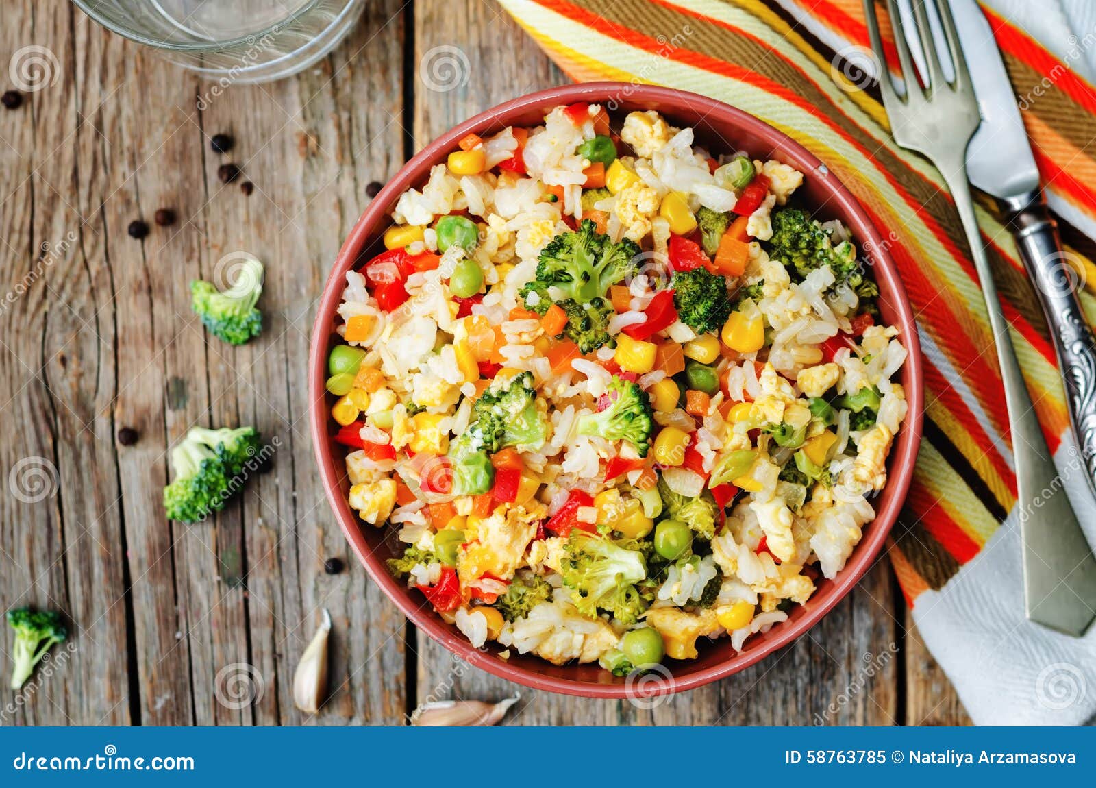 Broccoli Carrots Corn Green Peas Red Pepper Rice Stock Image - Image of ...