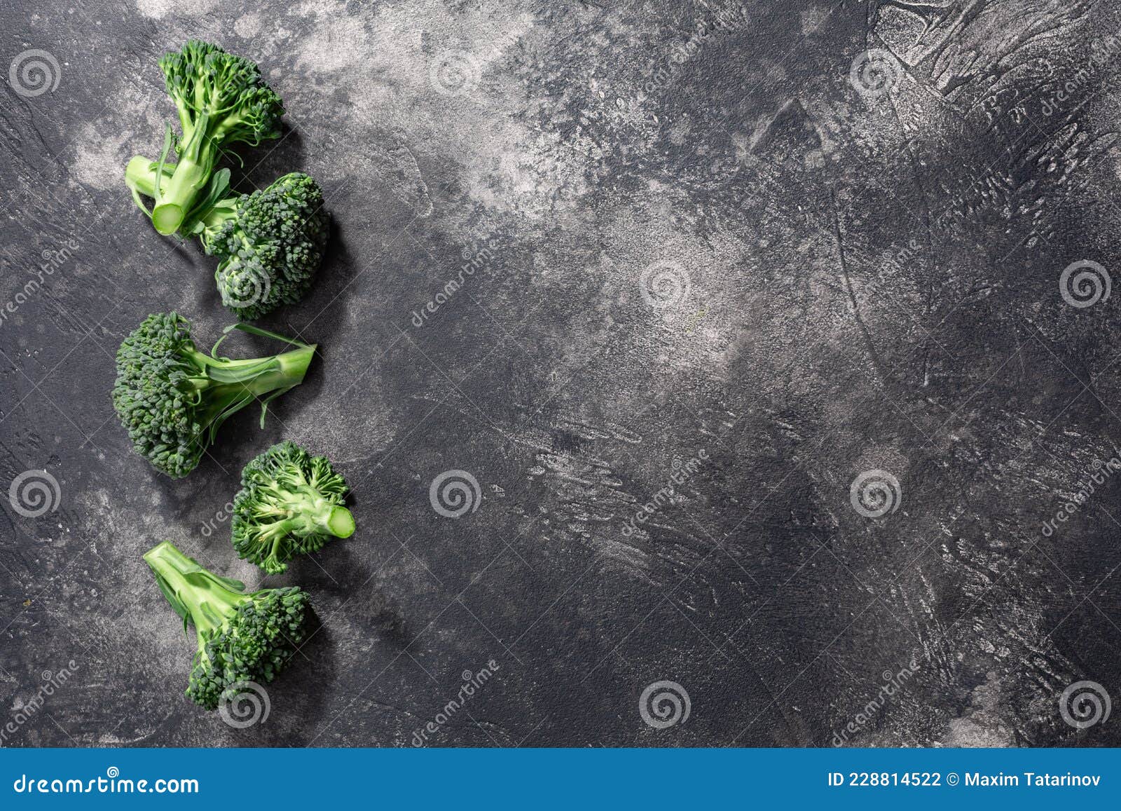 Broccoli Flower Heads Atop Dark Textured Backdrop, Copy Space, Top View ...