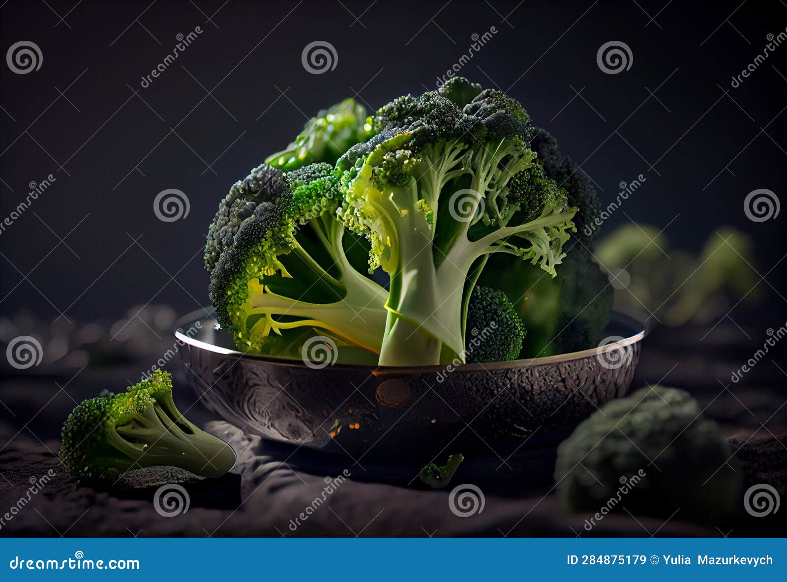 Broccoli on Round Cutting Board with Natural Light on the Left in Dark ...