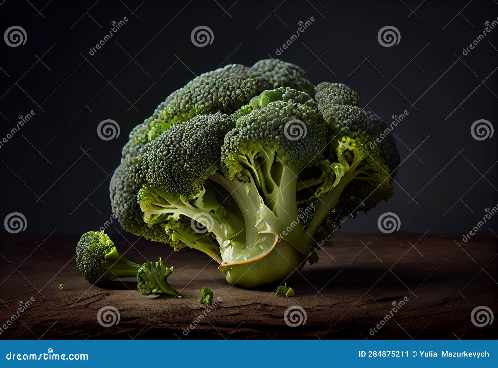 Broccoli on Round Cutting Board with Natural Light on the Left in Dark ...