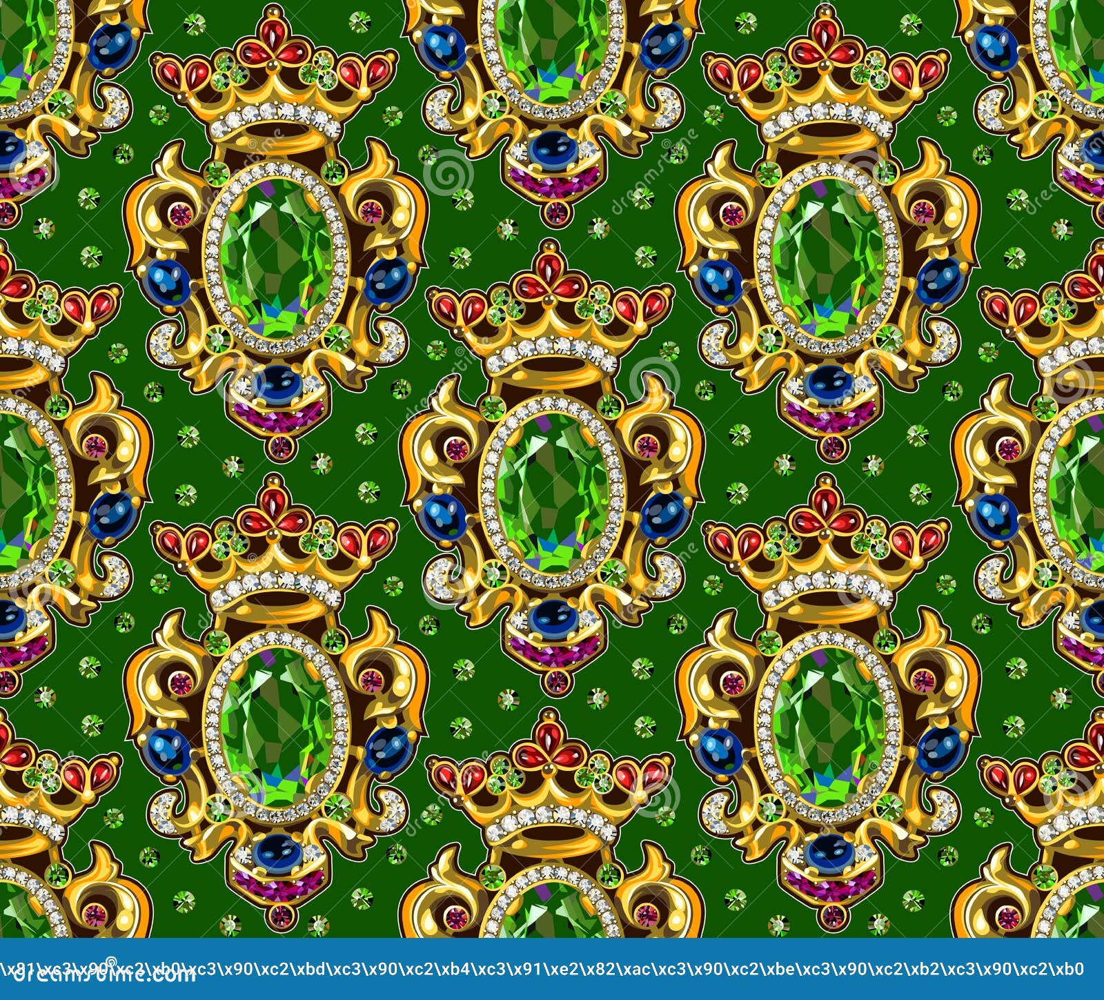 Broche Crown Seamless Pattern Green Backgrounds Gemstones Stock Vector ...