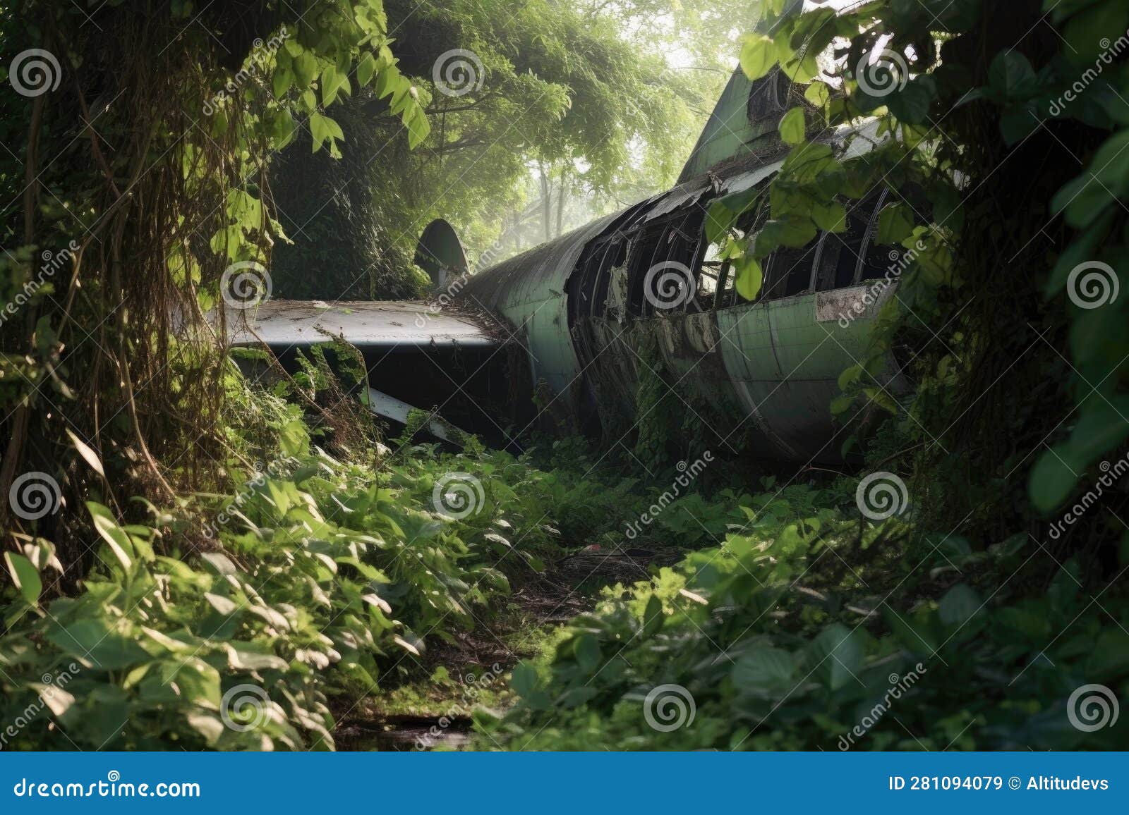 Broken Airplane Wing Amidst Overgrown Vegetation Stock Image - Image of ...
