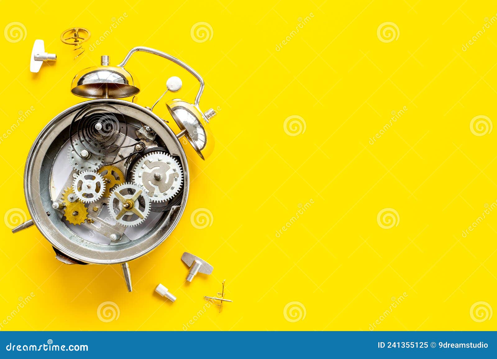 Broken Alarm Clock Top View. Watch Mechanism and Watchmaker Tools Stock ...