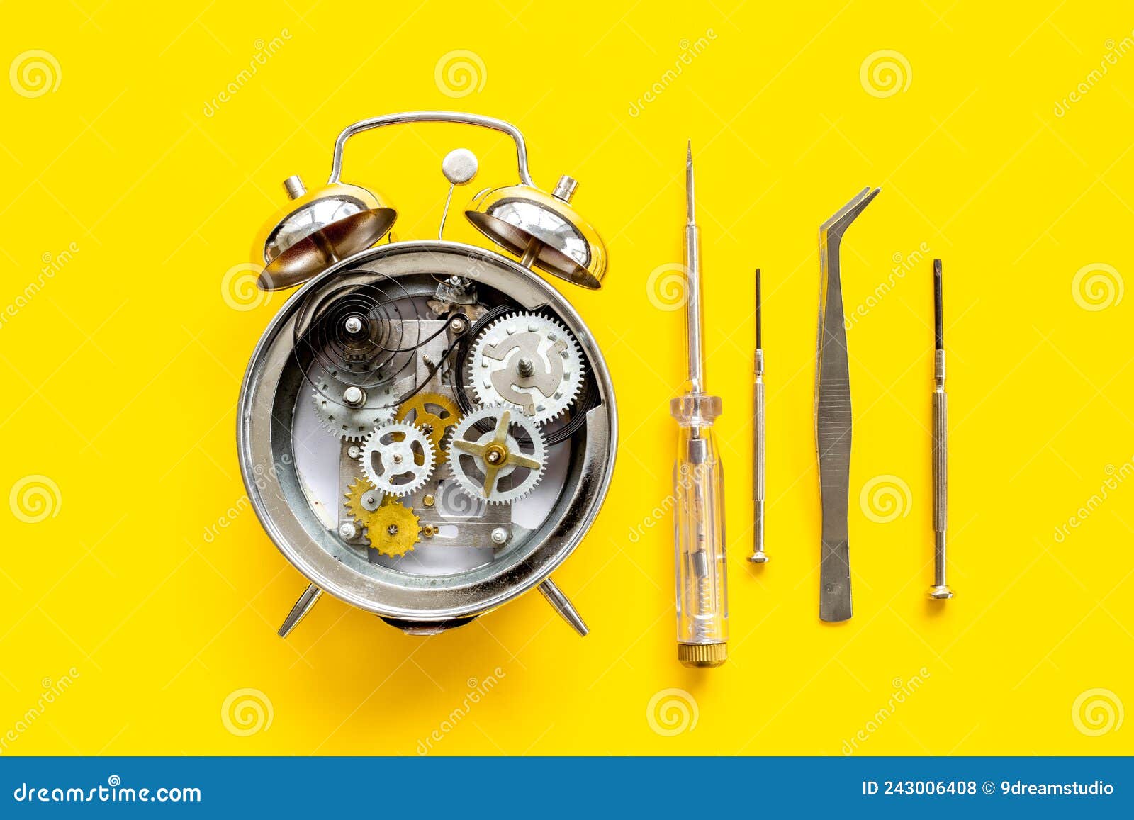 Broken Alarm Clock Top View. Watch Mechanism and Watchmaker Tools Stock ...