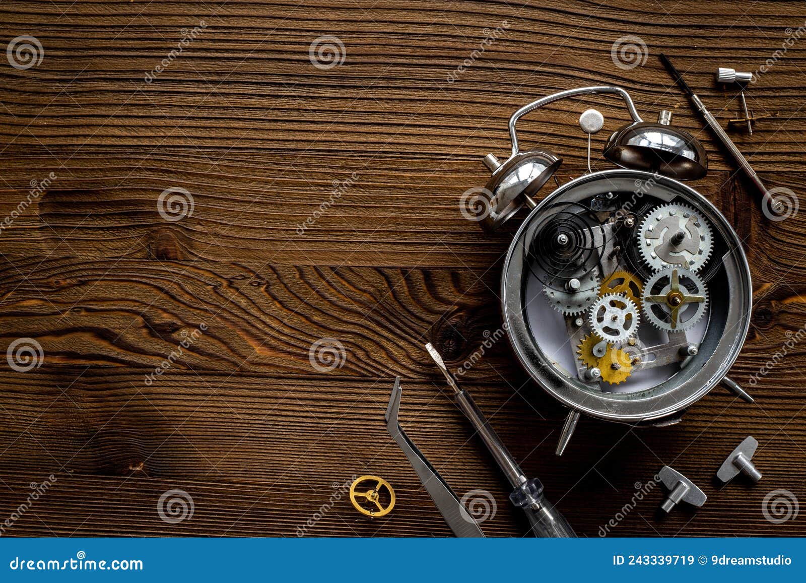 Broken Alarm Clock Top View. Watch Mechanism and Watchmaker Tools Stock ...