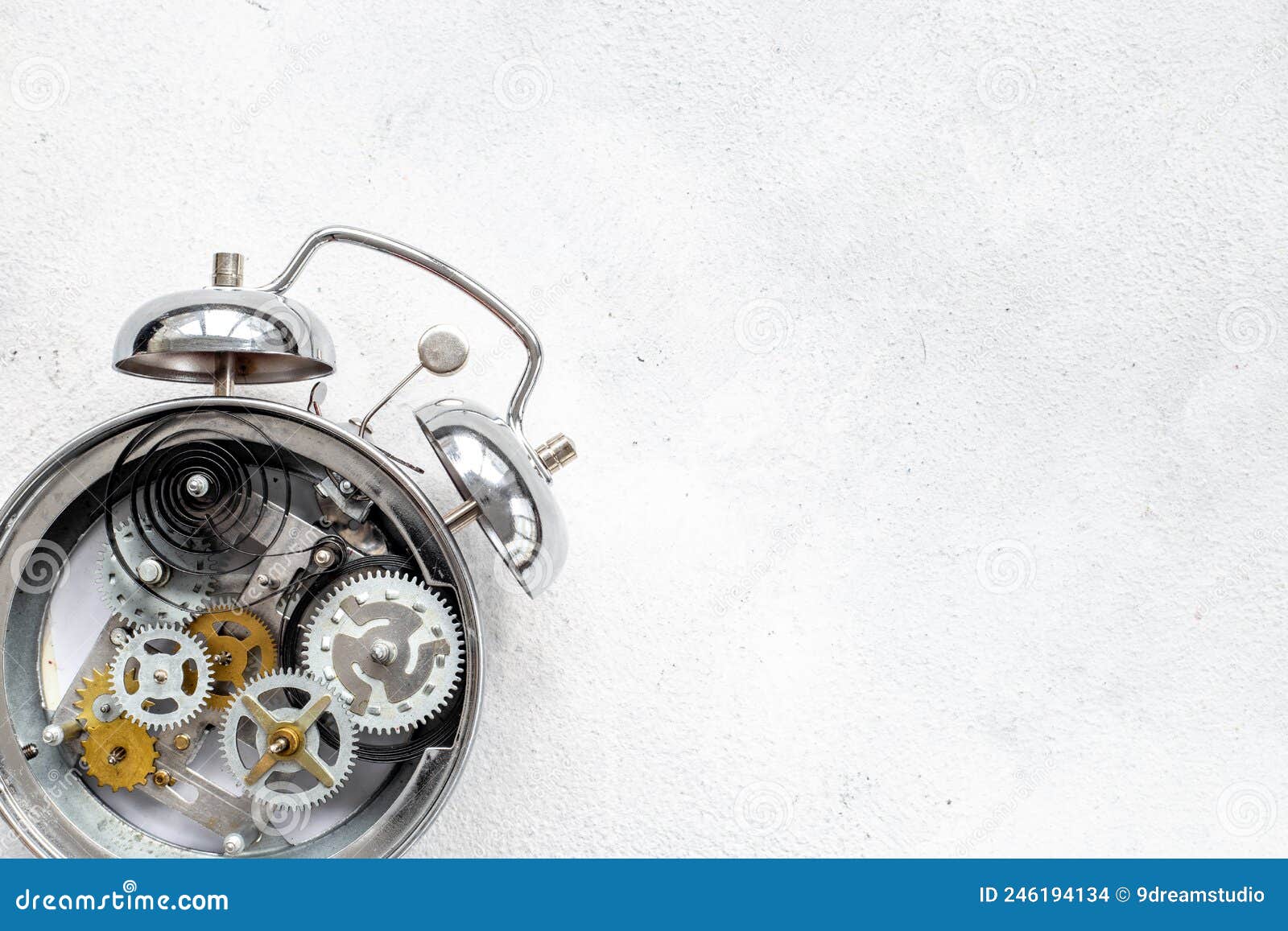 Broken Alarm Clock Top View. Watch Mechanism and Watchmaker Tools Stock ...