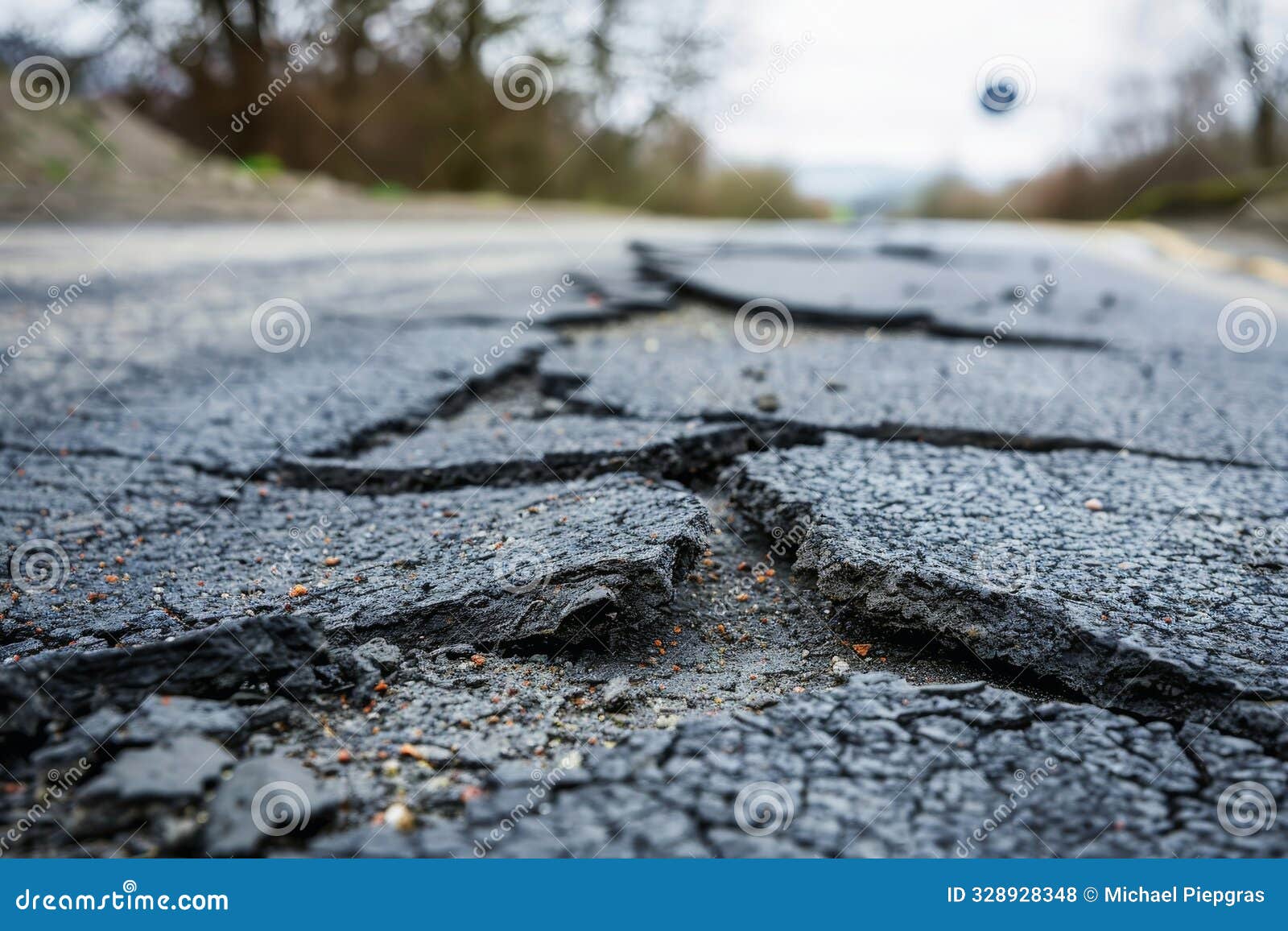 Broken Asphalt of a Road in a Low Angle with with Many Cracks Stock ...