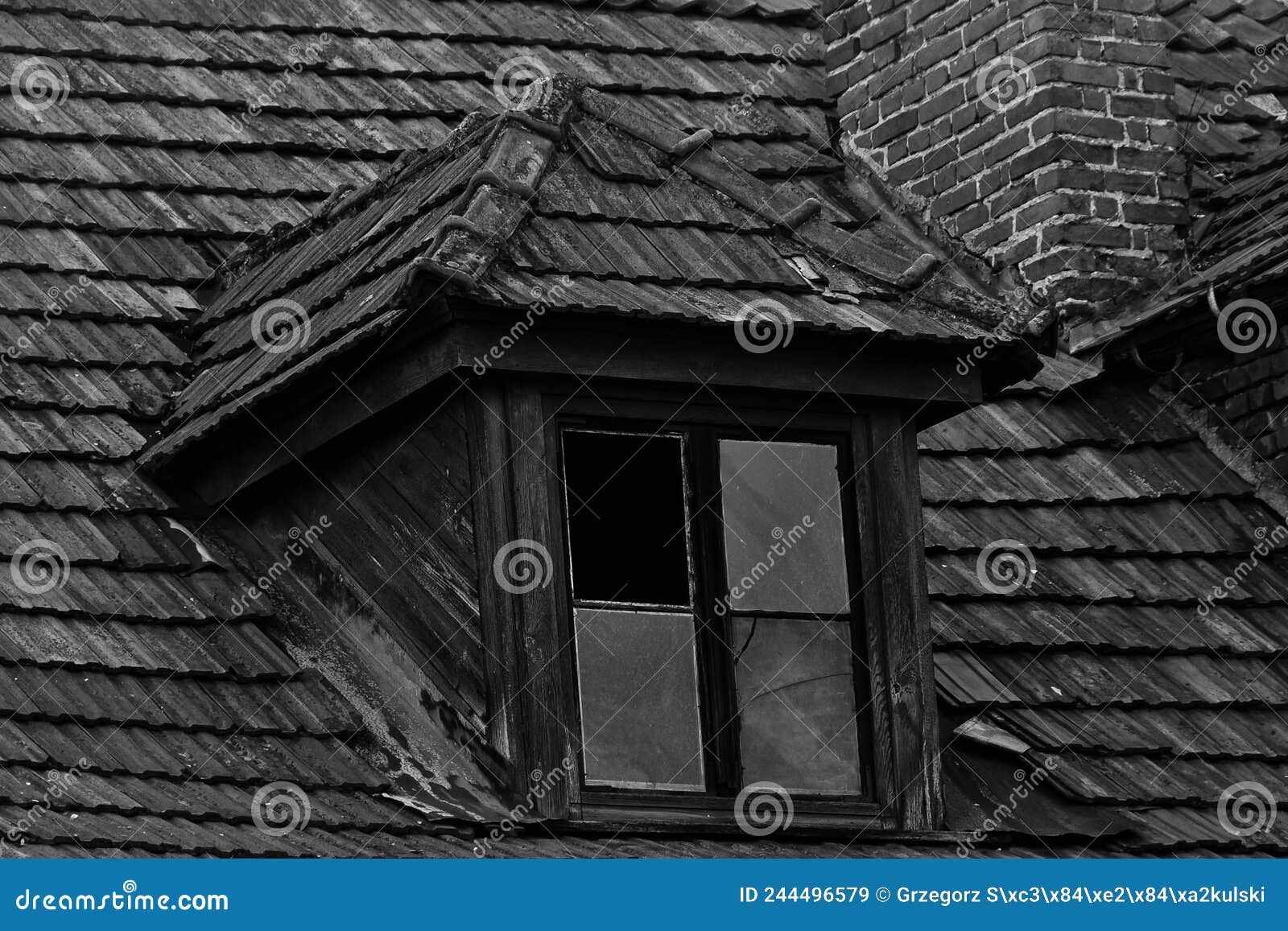 Broken Attic Window in an Old Building Stock Image - Image of facade ...