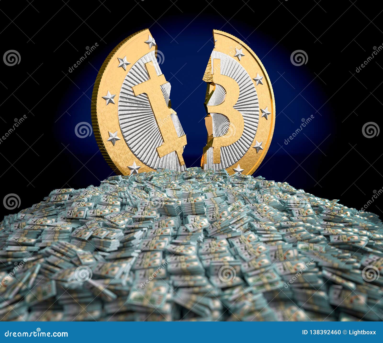 A Broken Bitcoin on Top of a Pile of New 100 Dollar Bills Stock ...