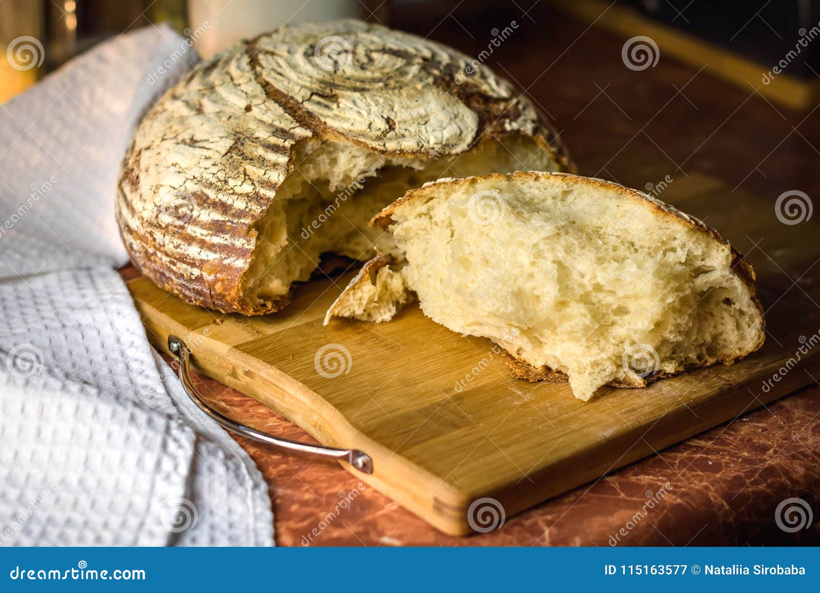 Broken Bread on a Wooden Board. Stock Image - Image of meal, nutrition ...