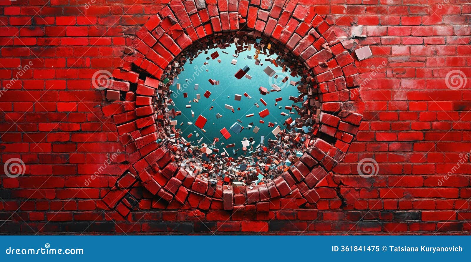 Broken Brick Wall Revealing Blue Background with Flying Debris and ...