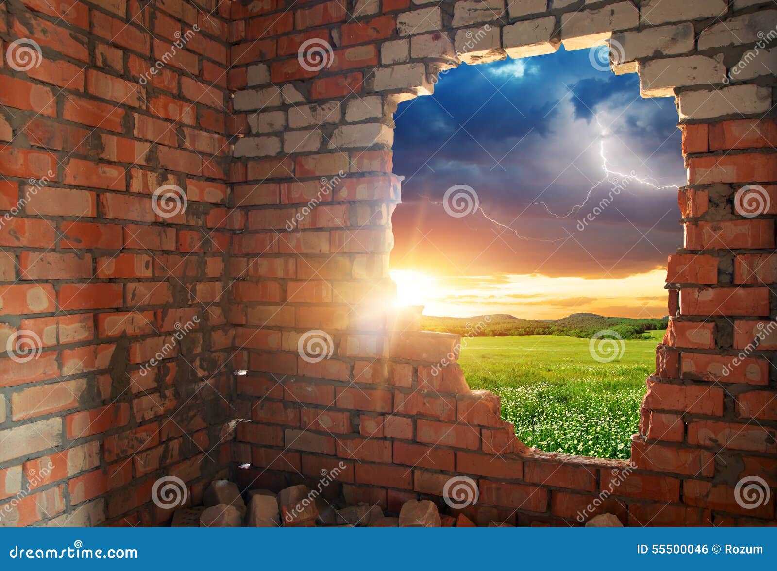Broken Bricks Wal and Landscape Stock Photo - Image of design, demolish ...