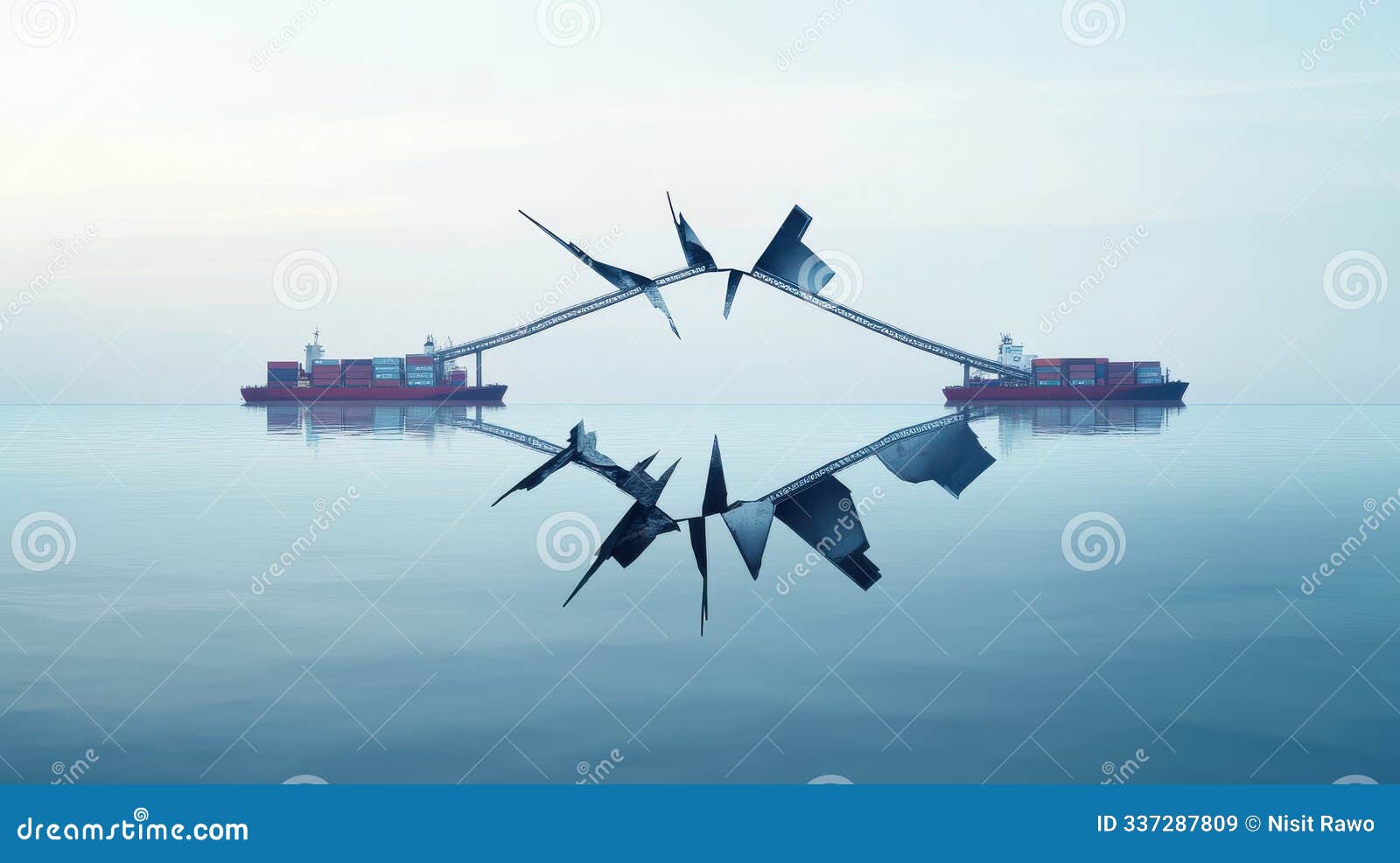 A Broken Bridge Over an Ocean with Cargo Ships Below Stock Image ...